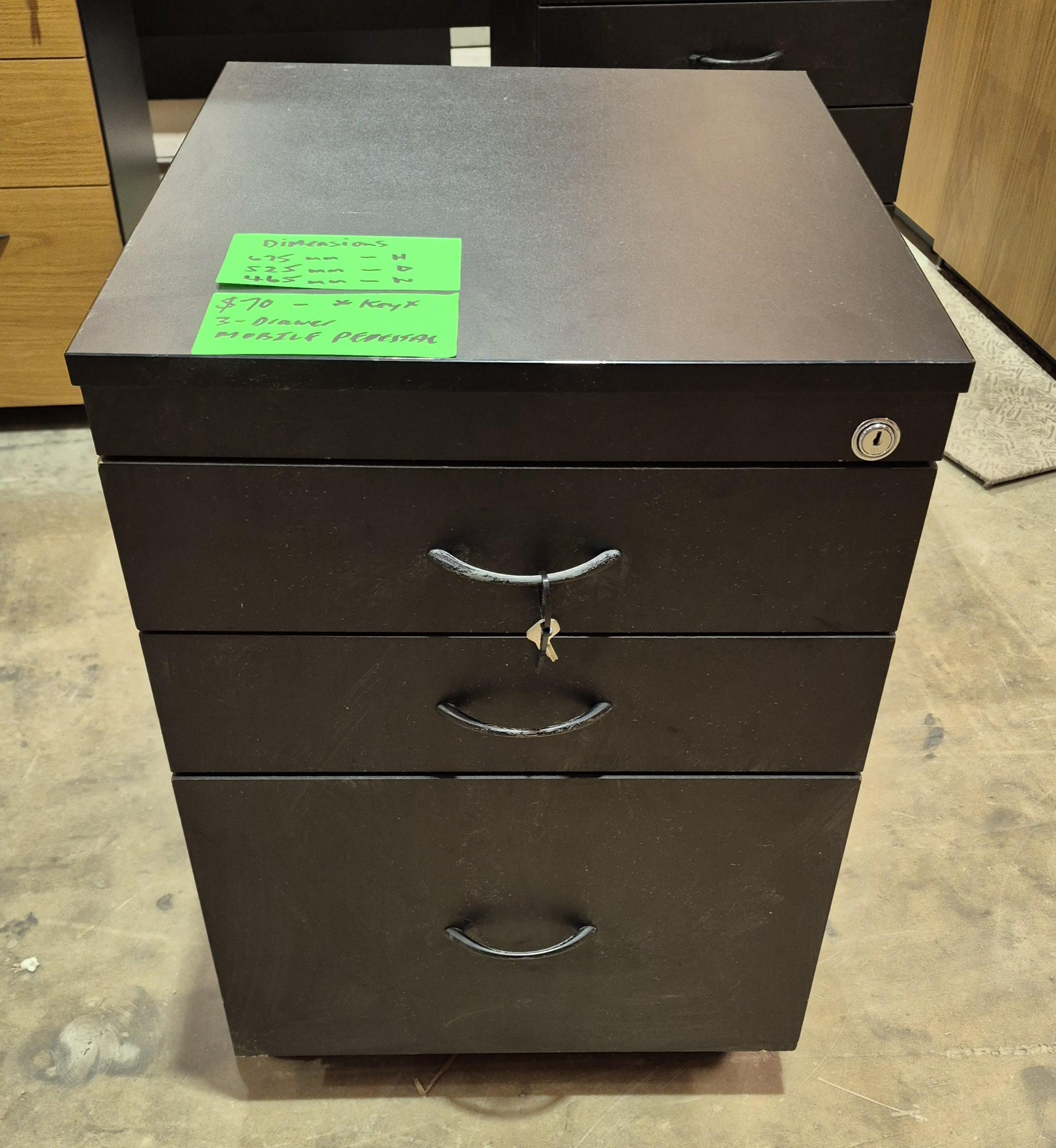 3-Drawer Mobile Pedestal with a key - Lakes Used Office Furniture